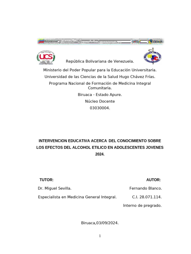 Fernando Tesis Sobre La Ingesta de Alcohol Etilico en Adolescentes. | PDF