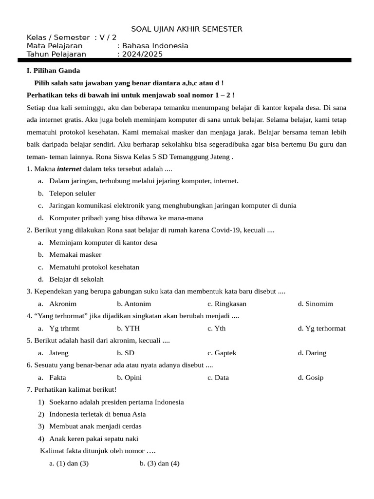 SOAL BAHASA INDONESIA UJIAN AKHIR SEMESTER 2 KELAS V (1) (1) | PDF