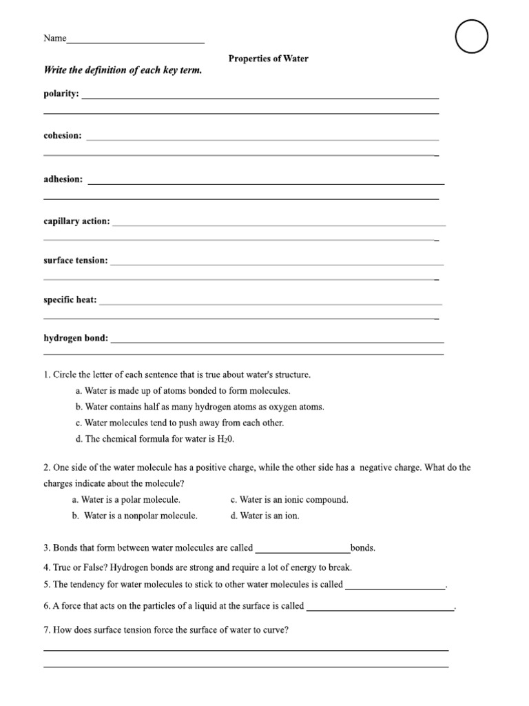 Properties of Water Worksheet | PDF