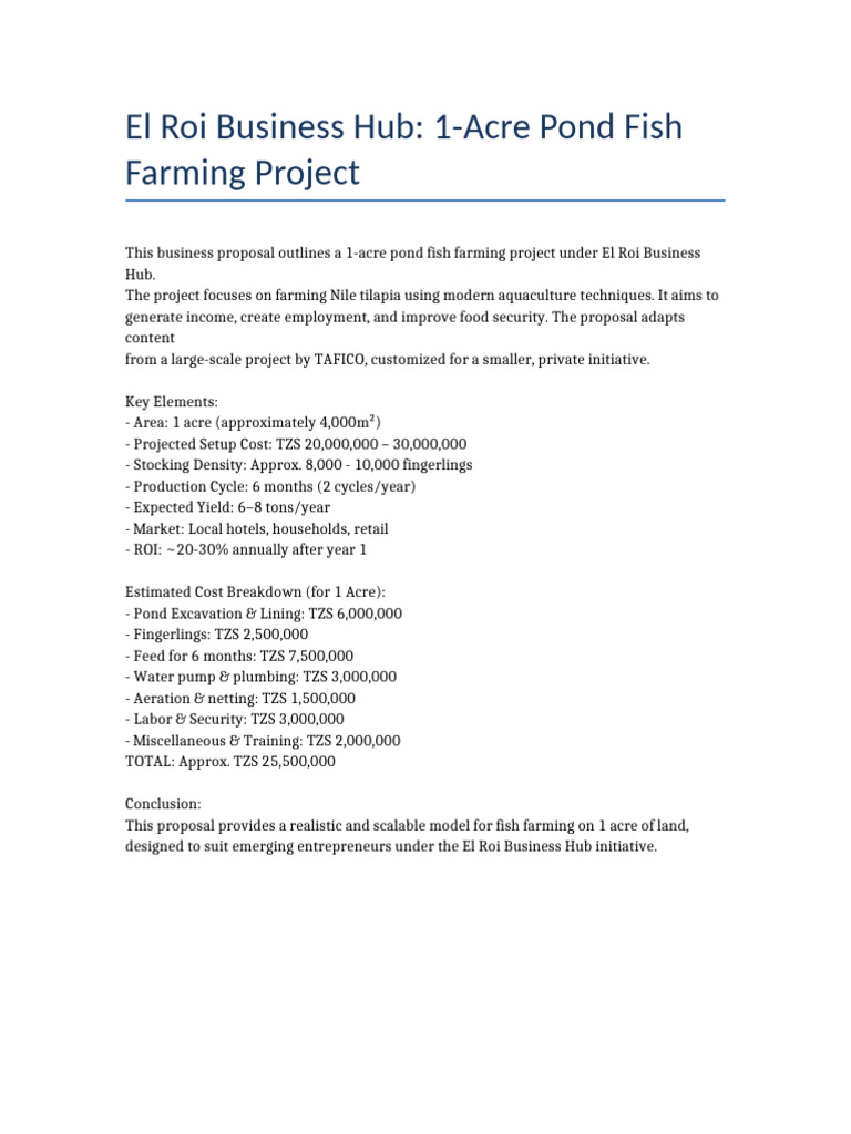 El Roi 1acre Pond Fish Farming Proposal | PDF