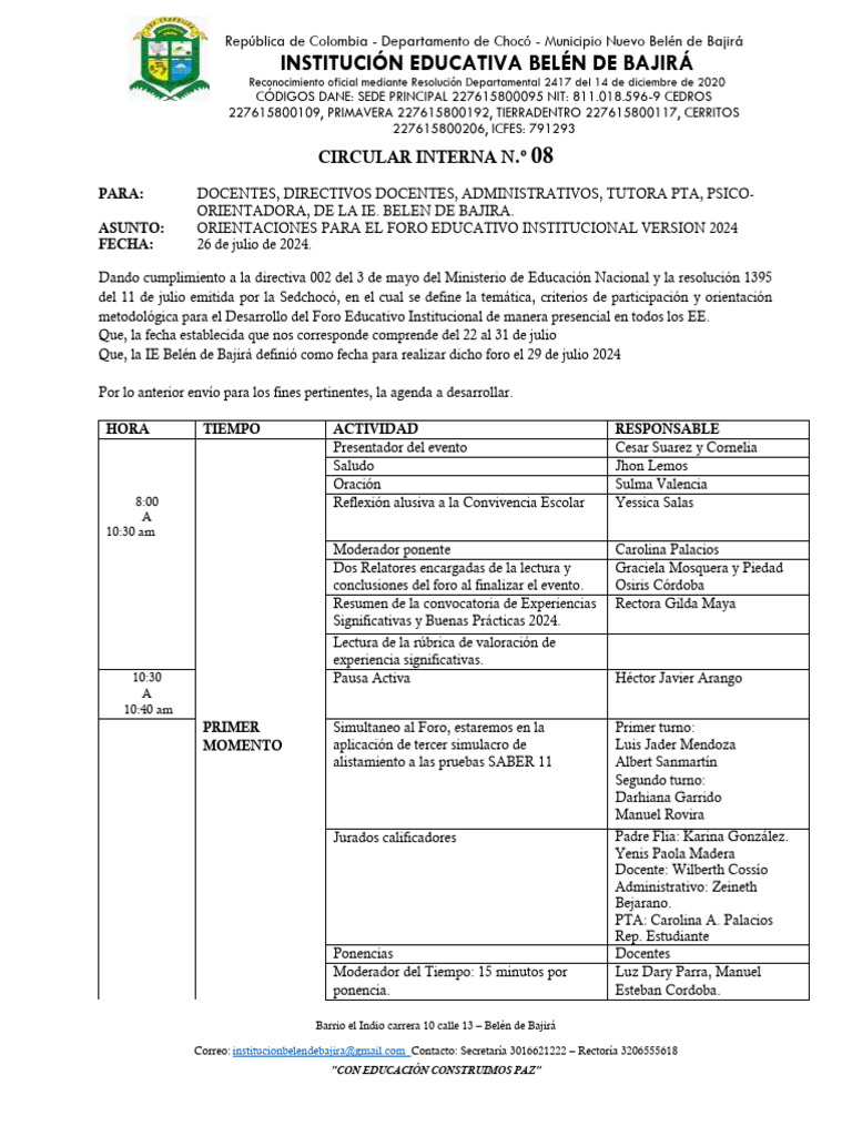 Cir. Interna 08 Foro Educativo | PDF | Organizaciones educativas | Colombia