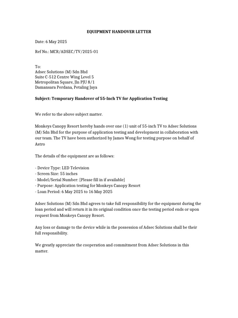 TV Handover Letter MonkeysCanopy | PDF