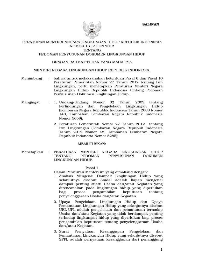 Permen Lingkungan Hidup Nomor 16 Tahun 2012 Tentang Pedoman Penyusunan Dokumen Lingkungan Hidup ...