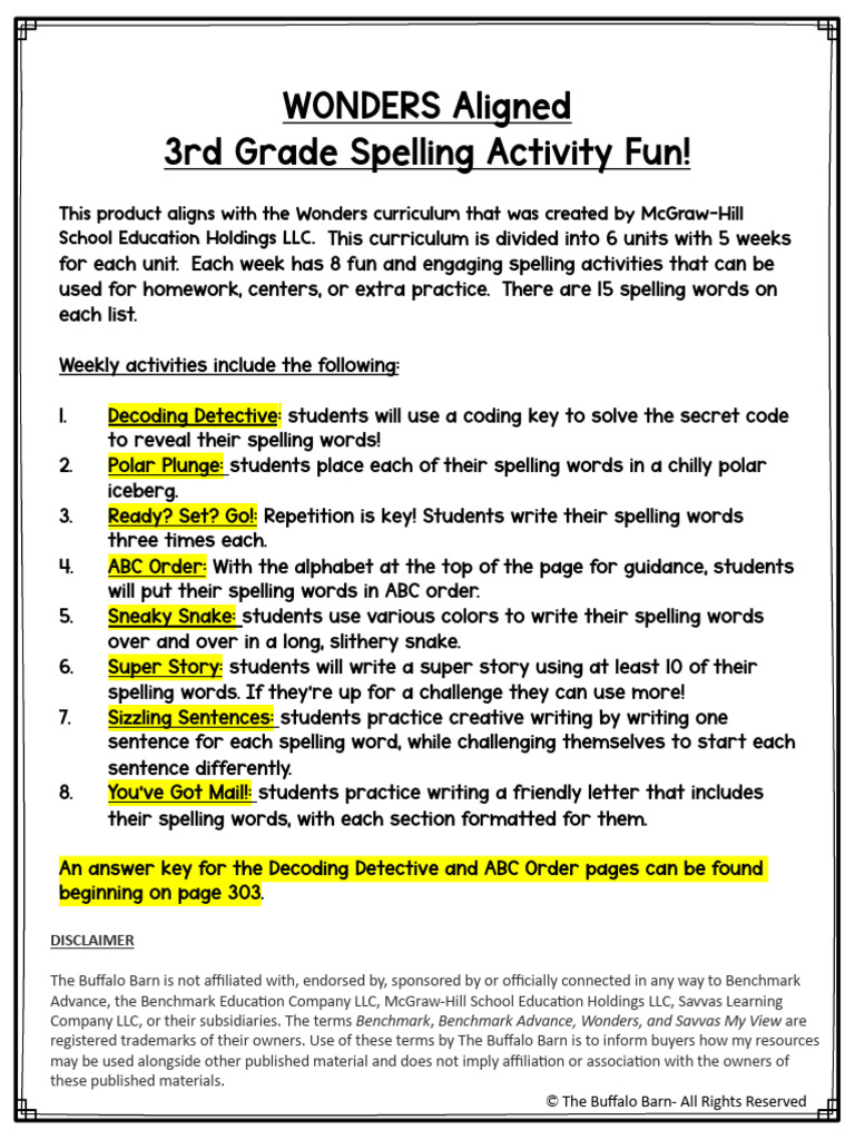 3rd Grade Wonders Spelling Activities | PDF | Writing