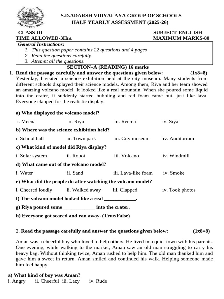 Class-3 English Hy 2025) | PDF