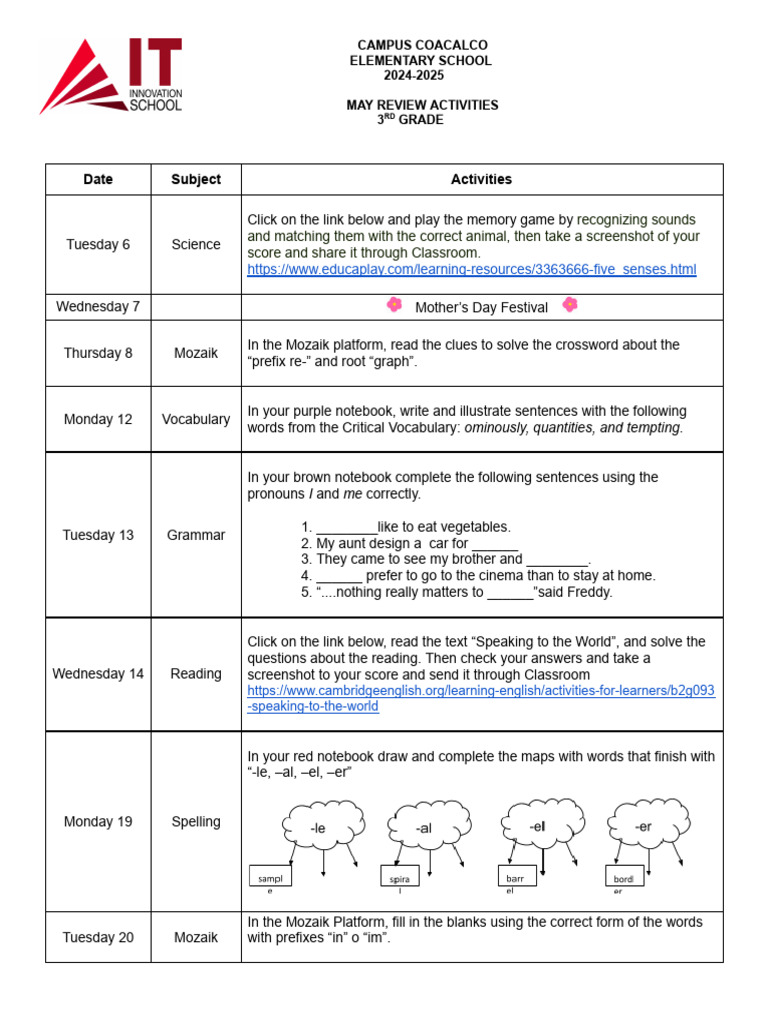 May Review Activities 3rd Grade | PDF | Linguistic Morphology | Linguistics