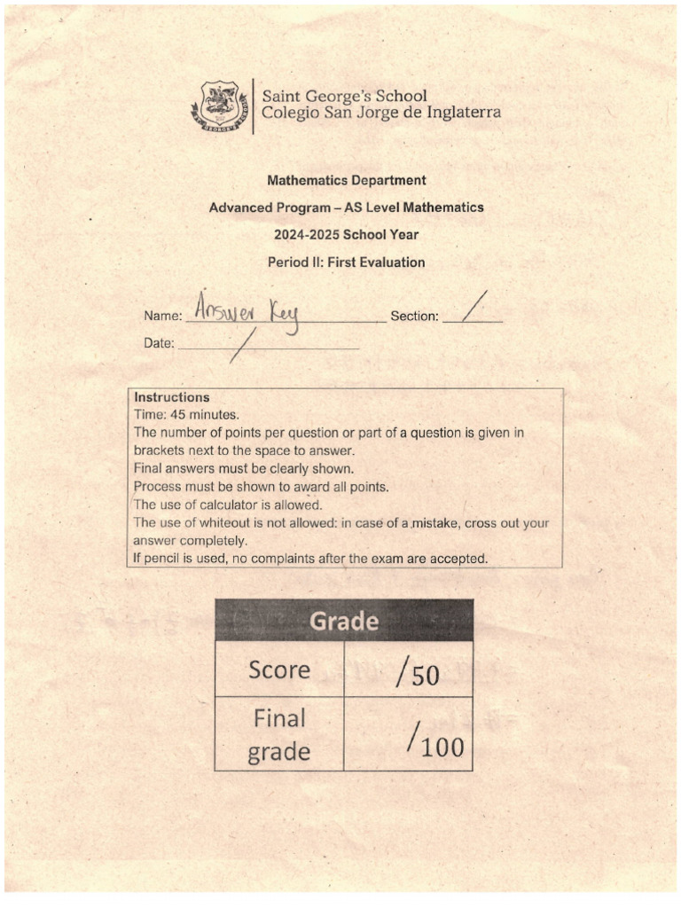 Answer Key Exam 1 As 2nd P Version 2 | PDF