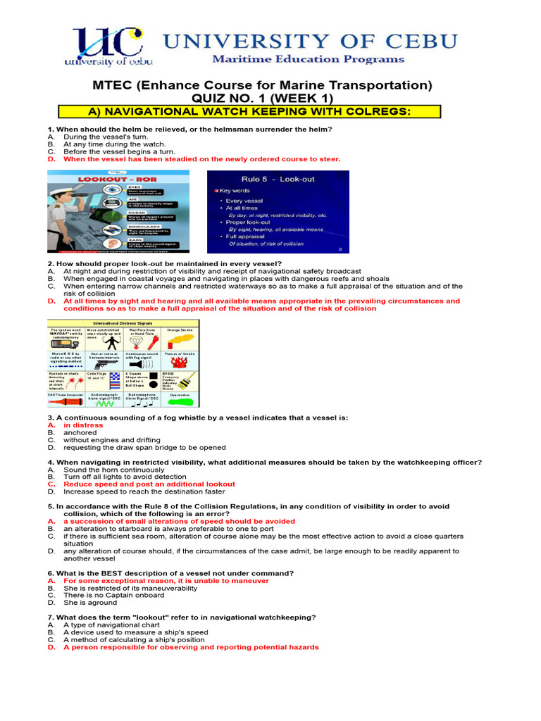 1 QUIZ NO. 1 With ANS WEEK 1 COLREG | PDF | Traffic | Shipping