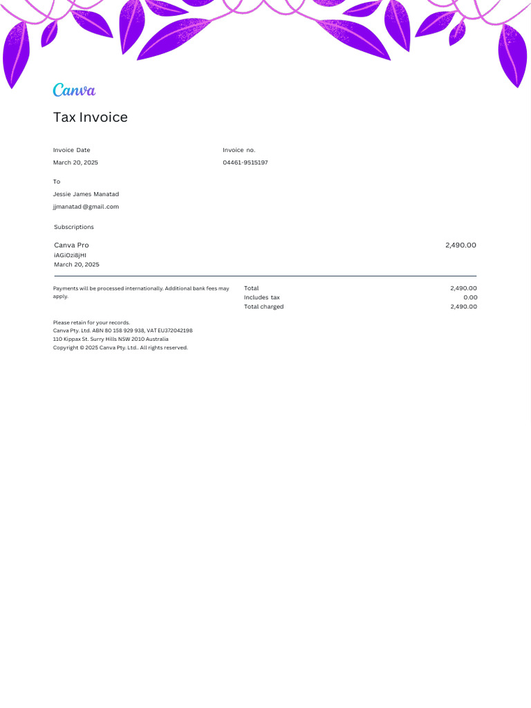 Canva Pro Subscription Invoice 2025 | PDF