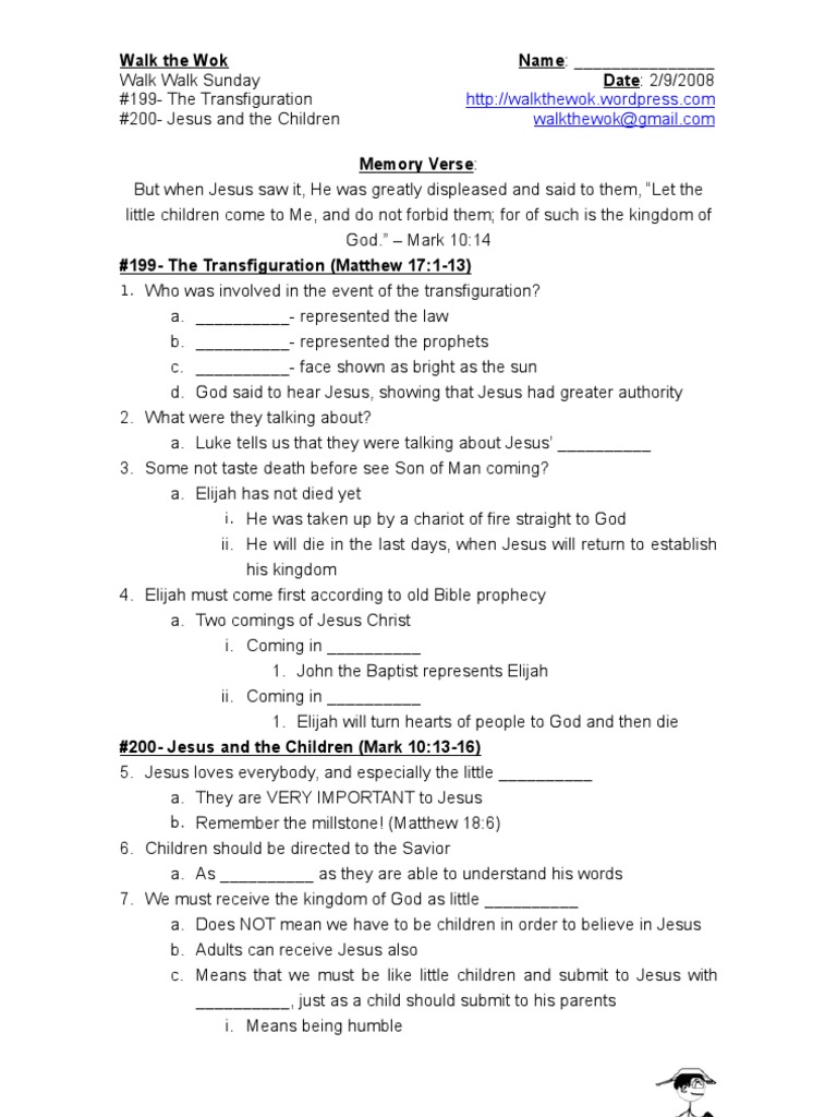 Bible Lesson Handout: "The Transfiguration" and "Jesus and the Children"