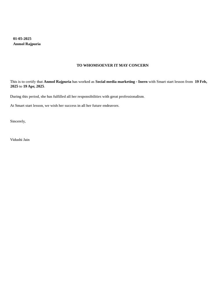 Internship Certificate - Anmol Rajpuria | PDF
