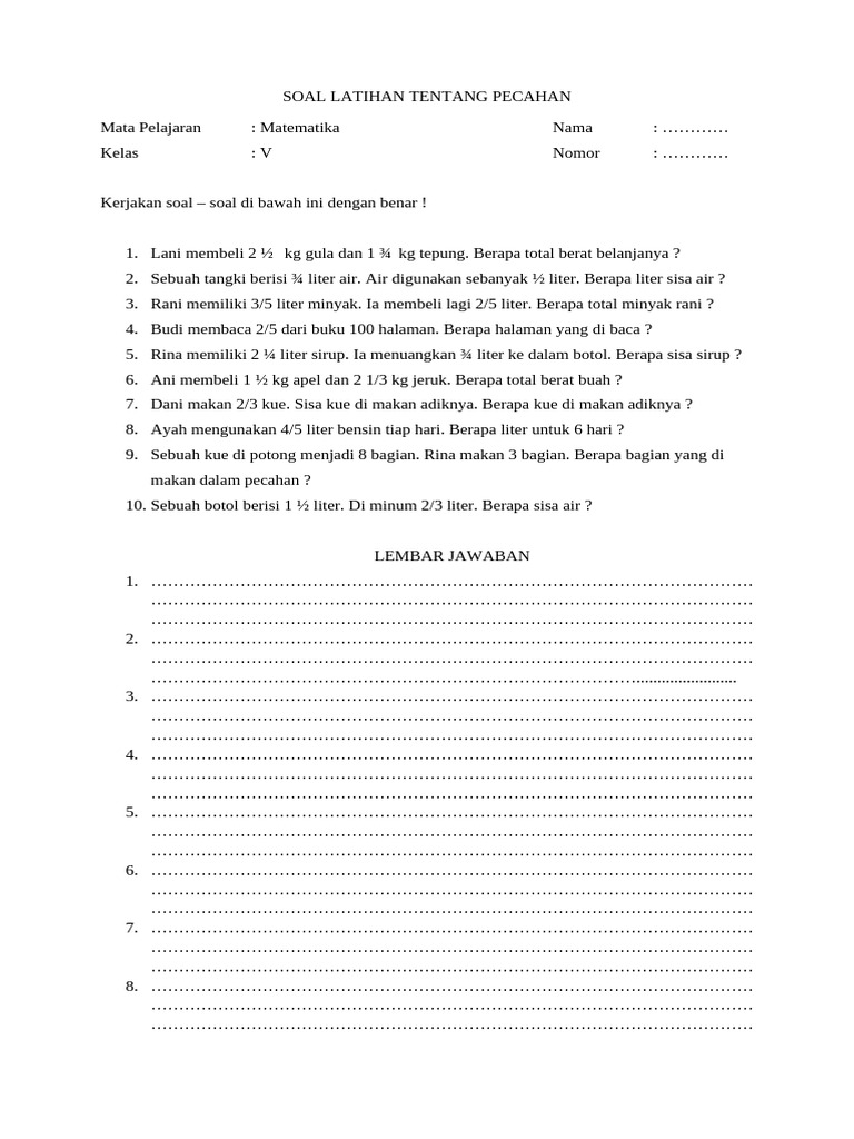 SOAL LATIHAN TENTANG PECAHAN | PDF