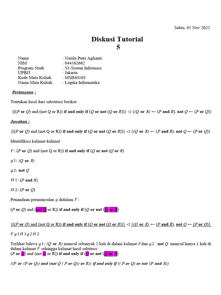 Diskusi 5 Logika Informatika Nazila Putri Aglianti | PDF