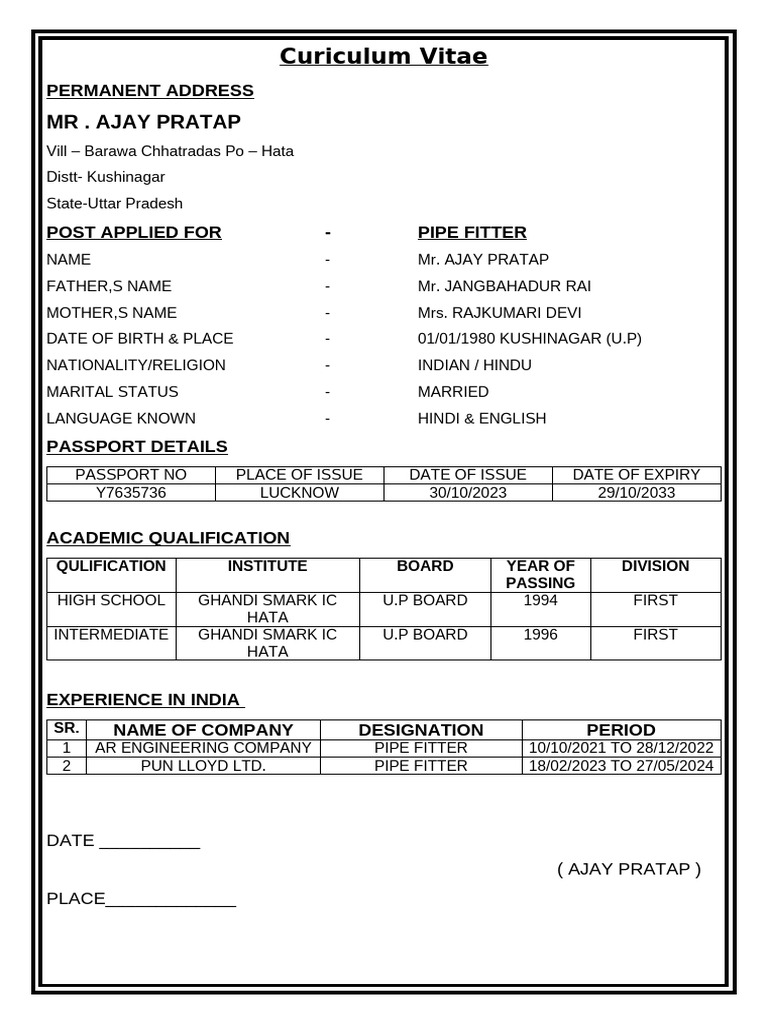 Free Resume Template for Pipe Fitter | PDF