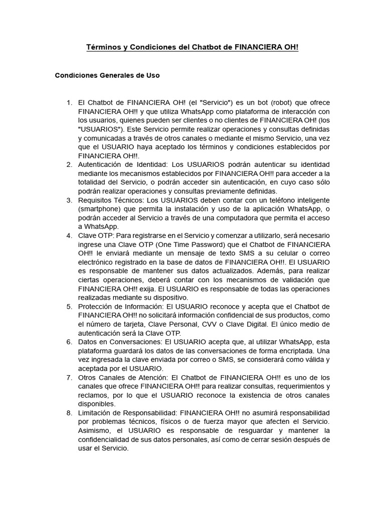 Términos y Condiciones Del Chatbot de FINANCIERA OH! | PDF | Autenticación | Smartphone