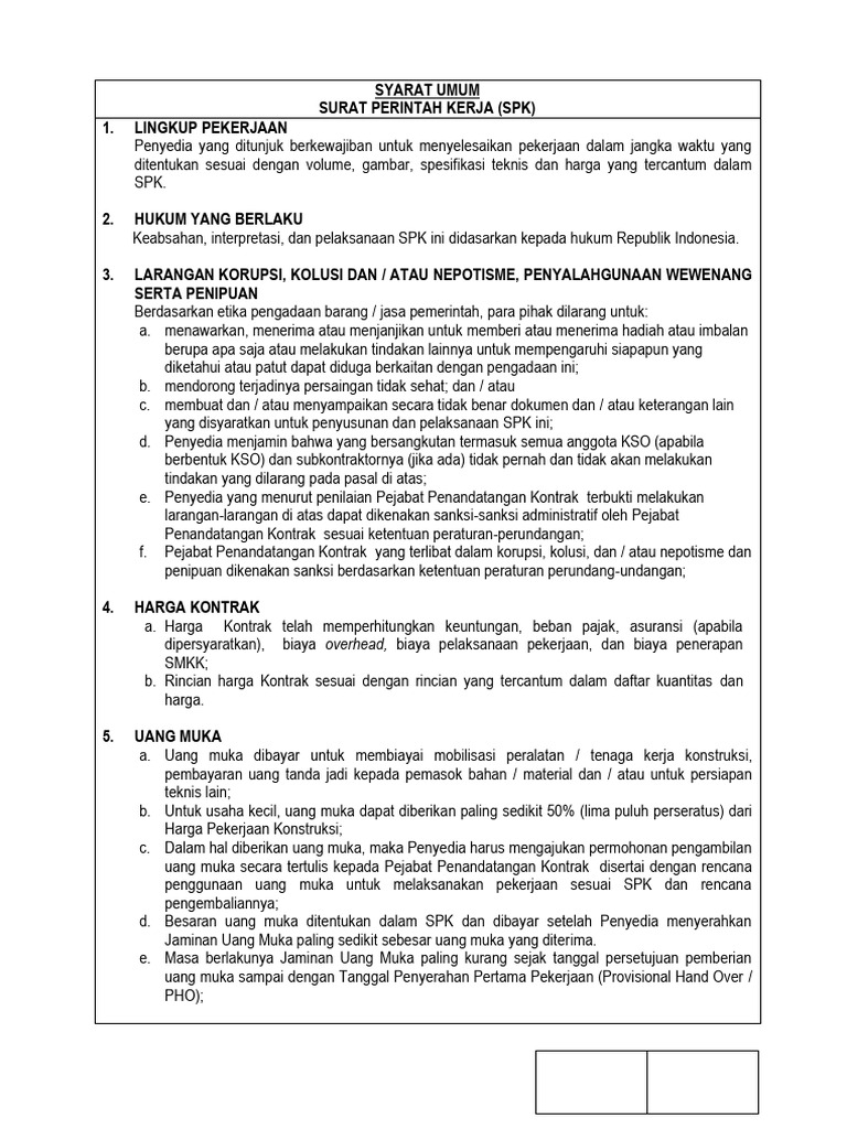 Syarat Umum Surat Perintah Kerja SPK | PDF