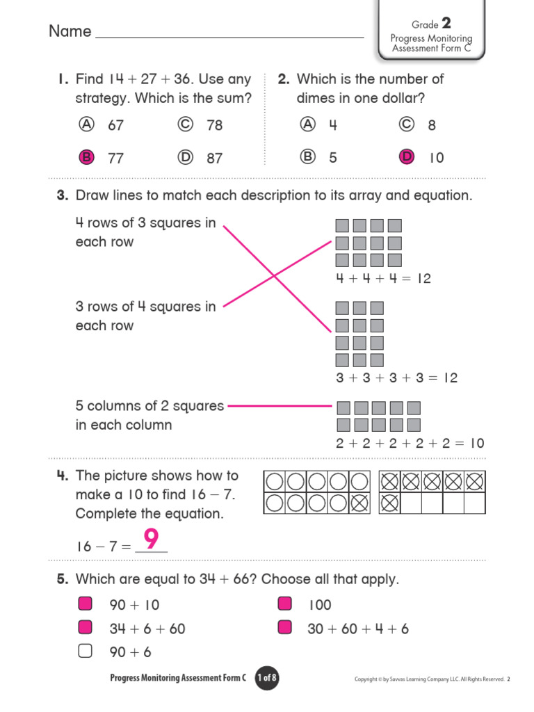 Grade 2 Progress Monitoring Assessment Form C Answer Key | PDF