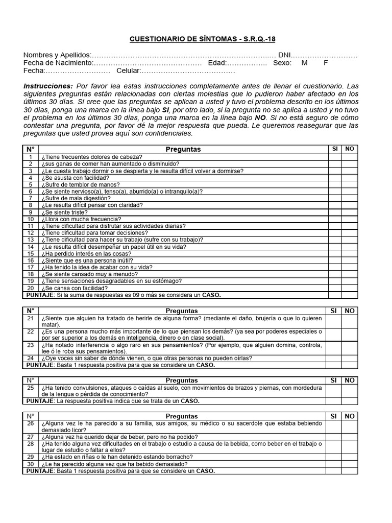 Cuestionario de Sintomas SRQ 18 2020 | PDF