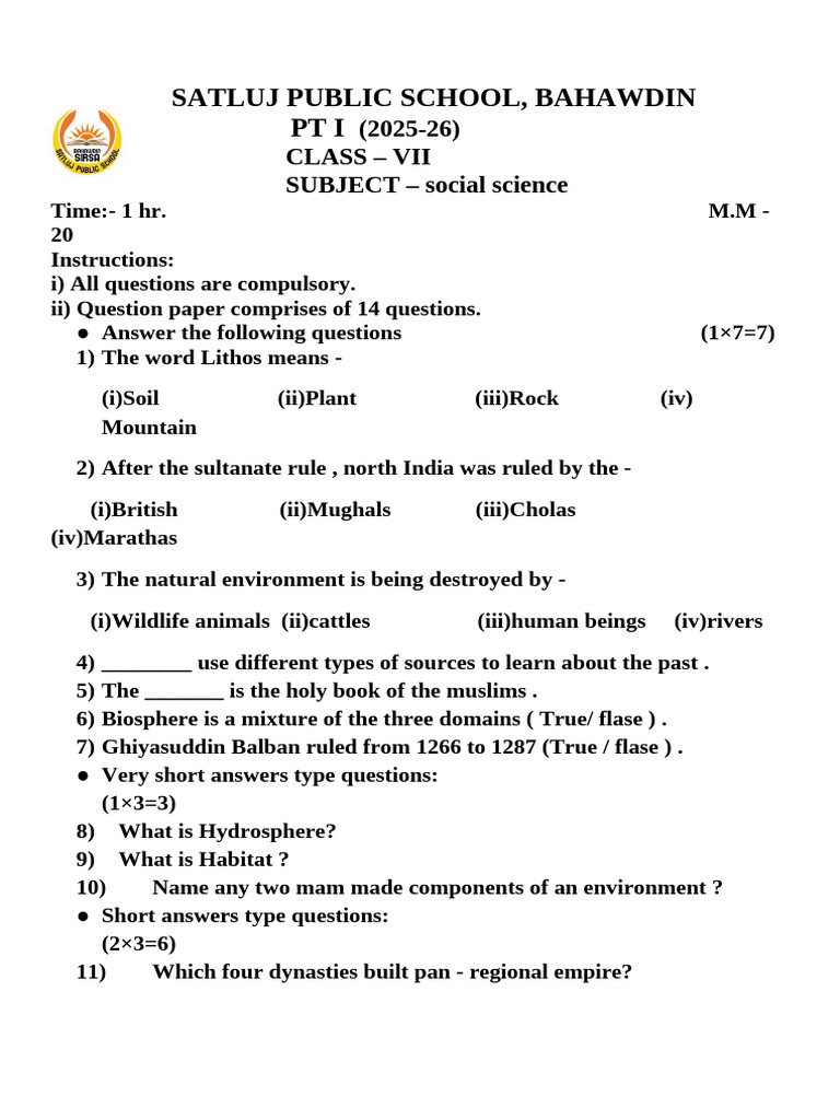 PT 1 Class 7th SST | PDF