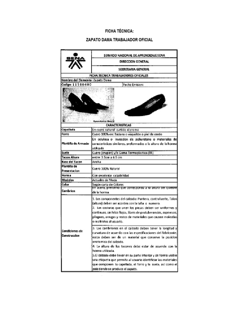 Ficha Técnica - Zapato Dama Trabajador Oficial | PDF