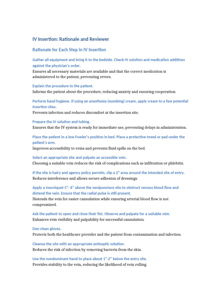 IV Insertion Rationale and Reviewer | PDF | Intravenous Therapy | Catheter