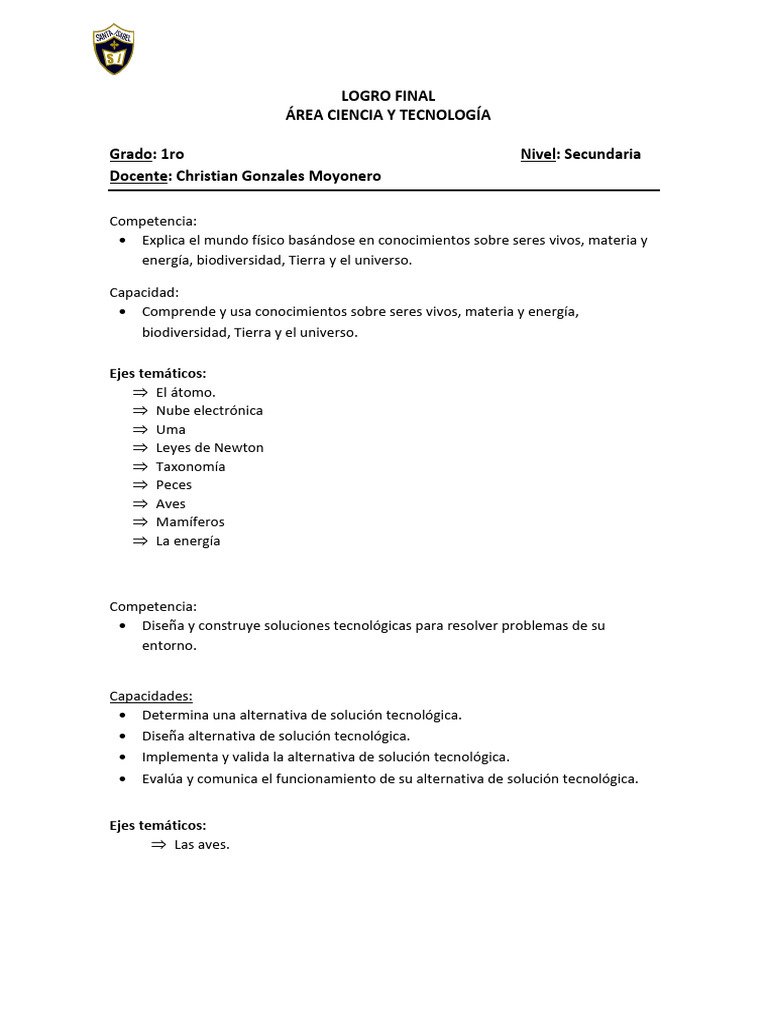 1 Sec Logro Final Ciencia y Tecnología | PDF