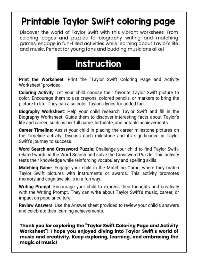 Taylor Swift Coloring Pages Printable Coloring, Biography, Crossword ...