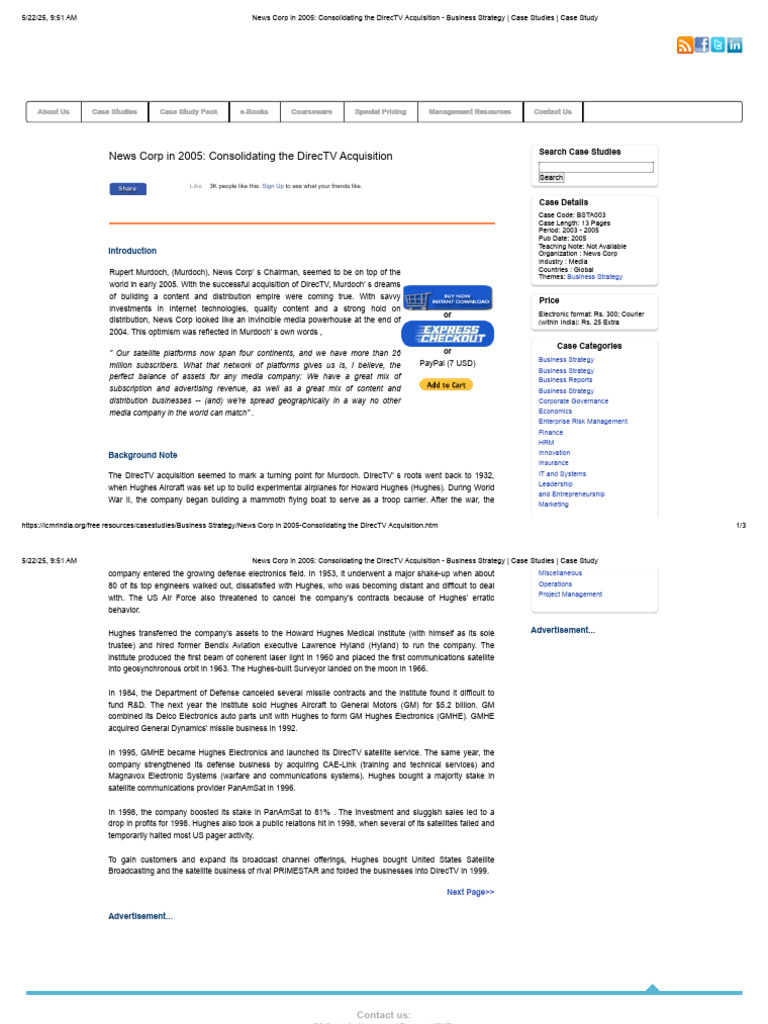 News Corp in 2005 - Consolidating The DirecTV Acquisition - Business Strategy - Case Studies ...