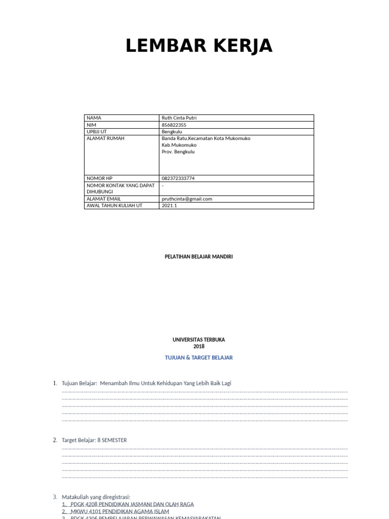 Rencana Belajar Mandiri Mahasiswa UT | PDF