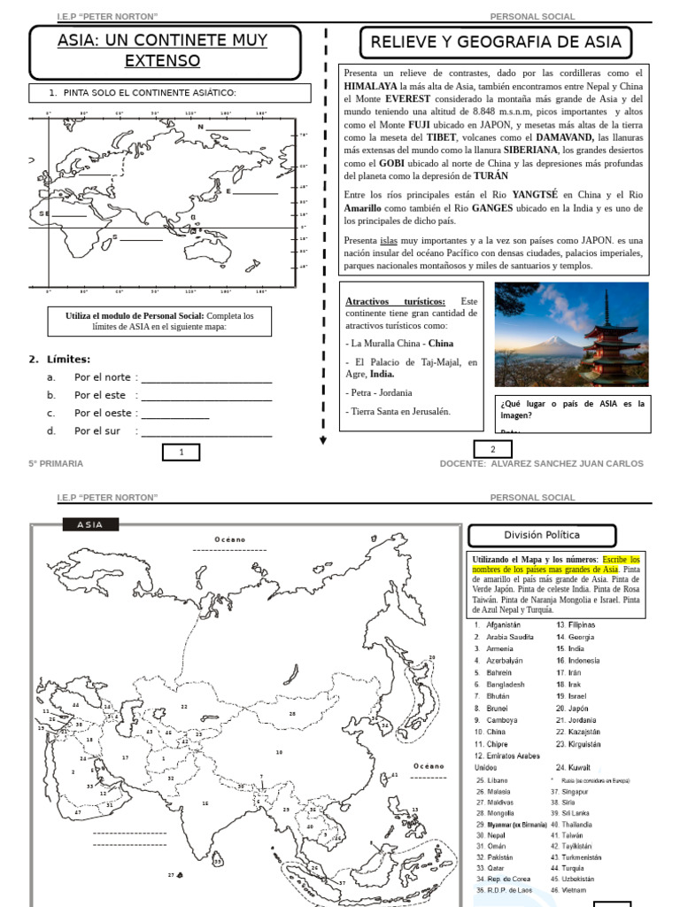 5° Prim - Asia - Actividades de Aprendizaje | PDF | Asia | Himalaya
