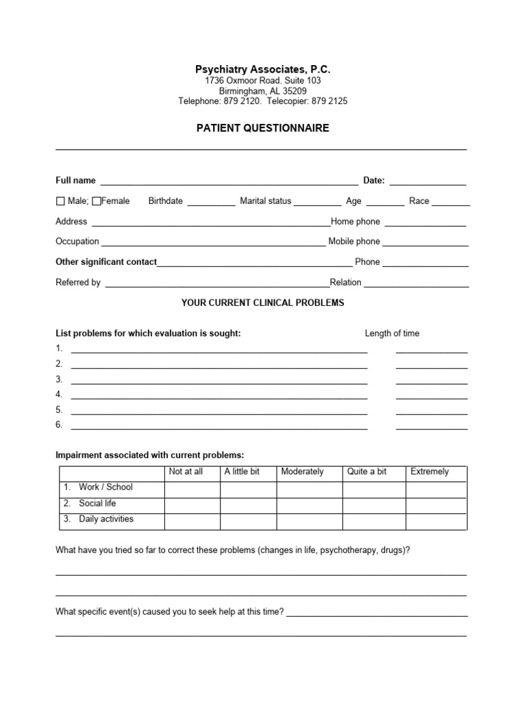 Patient Questionnaire | PDF | Mental Disorder | Bipolar Disorder