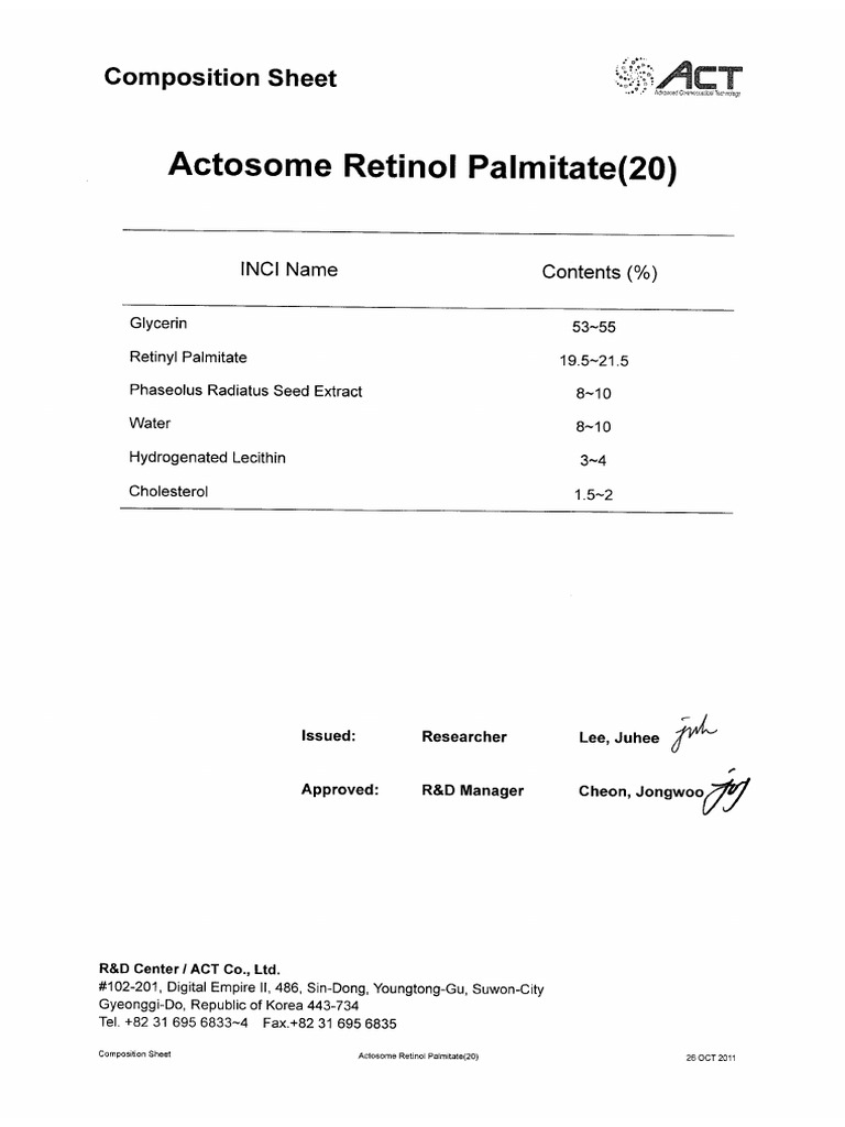 Actosome Retinol Palmitate - Breakdown | PDF