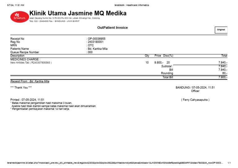 Klinik Utama Jasmine MQ Medika: Outpatient Invoice | PDF | Business ...
