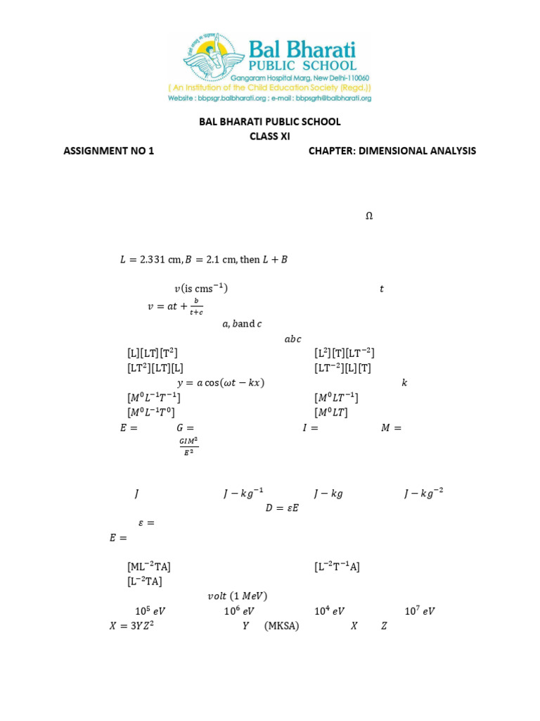 Class 11 Dimensional Analysis Assignment Pdf Force Physical Sciences