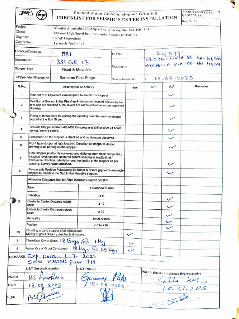 Seismic Stopper Installation Checklist | PDF | Calibration