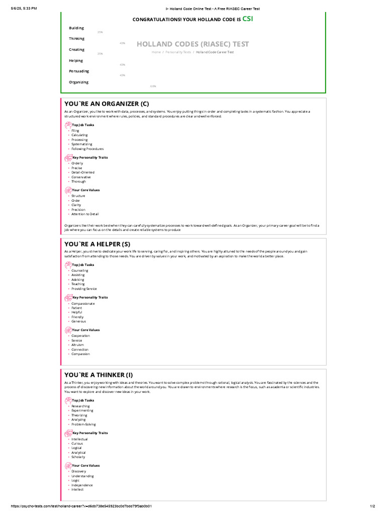 Holland Code Online Test - A Free RIASEC Career Test | PDF | Psychology ...