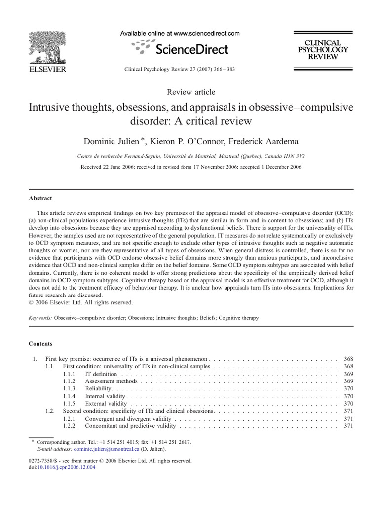 Intrusive Thoughts, Obsessions, and Appraisals in Obsessive-Compulsive ...