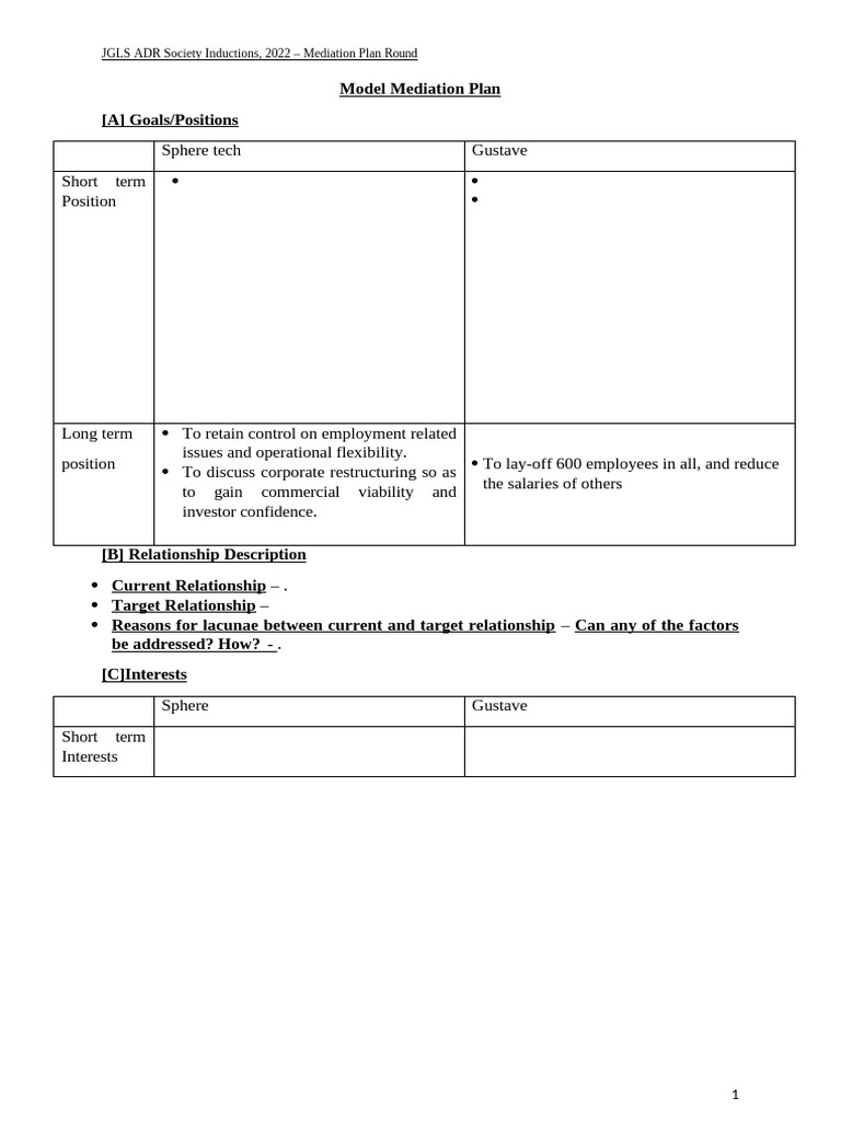 Model Mediation Plan (A) Goals/Positions | PDF