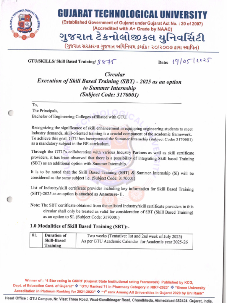 Circular For Execution of Skill Based Training SBT 2025 As An Option ...
