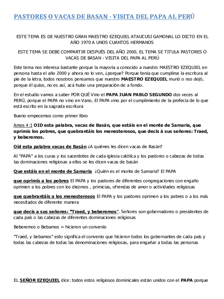 Pastores o Bacas de Basan Visita Del Papa Al Peru | PDF | Ezequiel | Papa