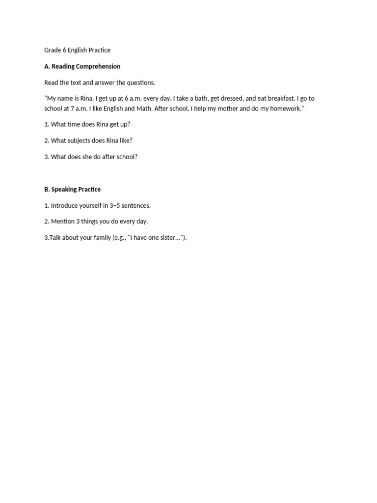 Grade 6 English Reading & Speaking Practice | PDF