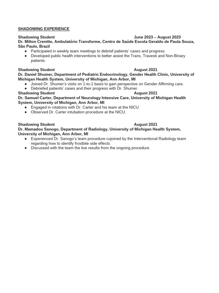 Shadowing Experiences | PDF