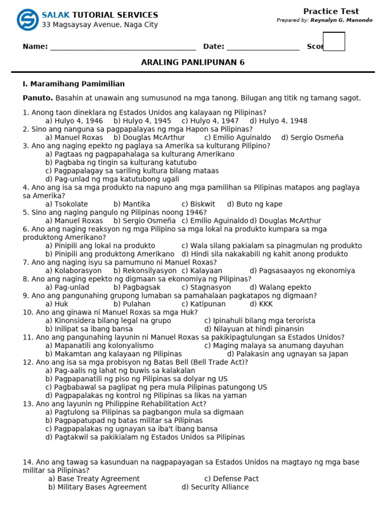 Practice Test in AP 6 - Quarter 3 | PDF