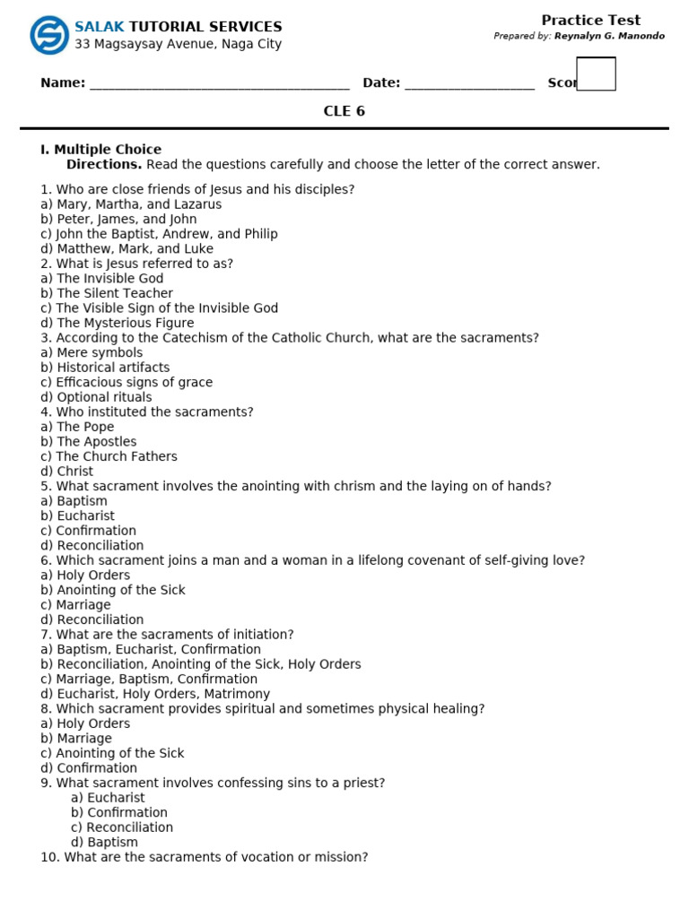 Catholic Sacraments Practice Test | PDF | Sacraments | Confirmation