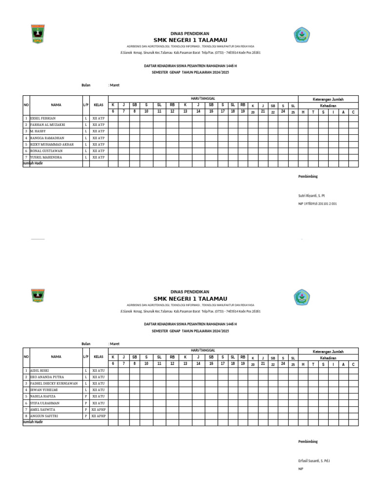 Absen Pesantren Ramadhan Tahun 2025 Ok | PDF