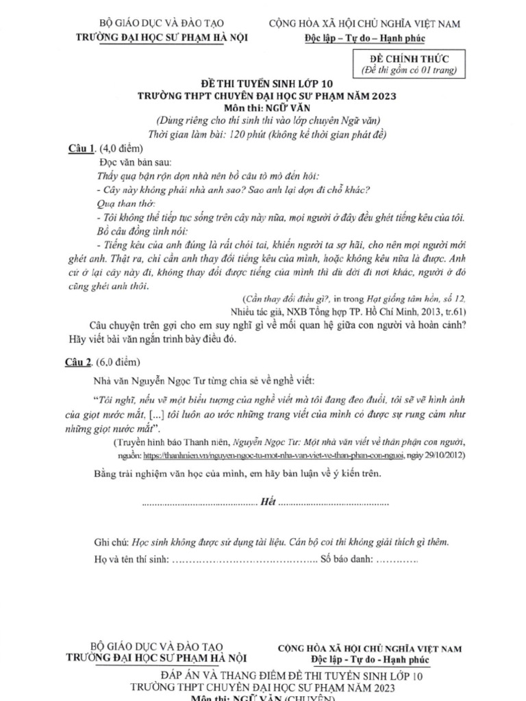 04. đề văn chuyên thi vào 10 CSP 2023 - kèm đáp án | PDF