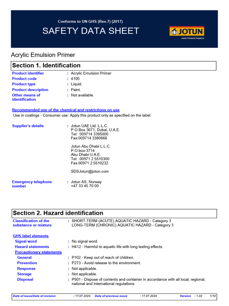 02 MSDS Acrylic Emulsion Primer | PDF | Toxicity | Chemistry