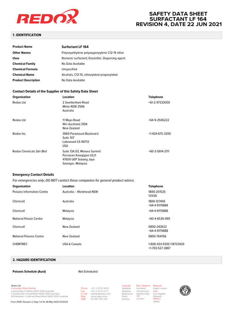 147 MSDS Surfactant LF 164 | PDF | Dangerous Goods | Firefighting