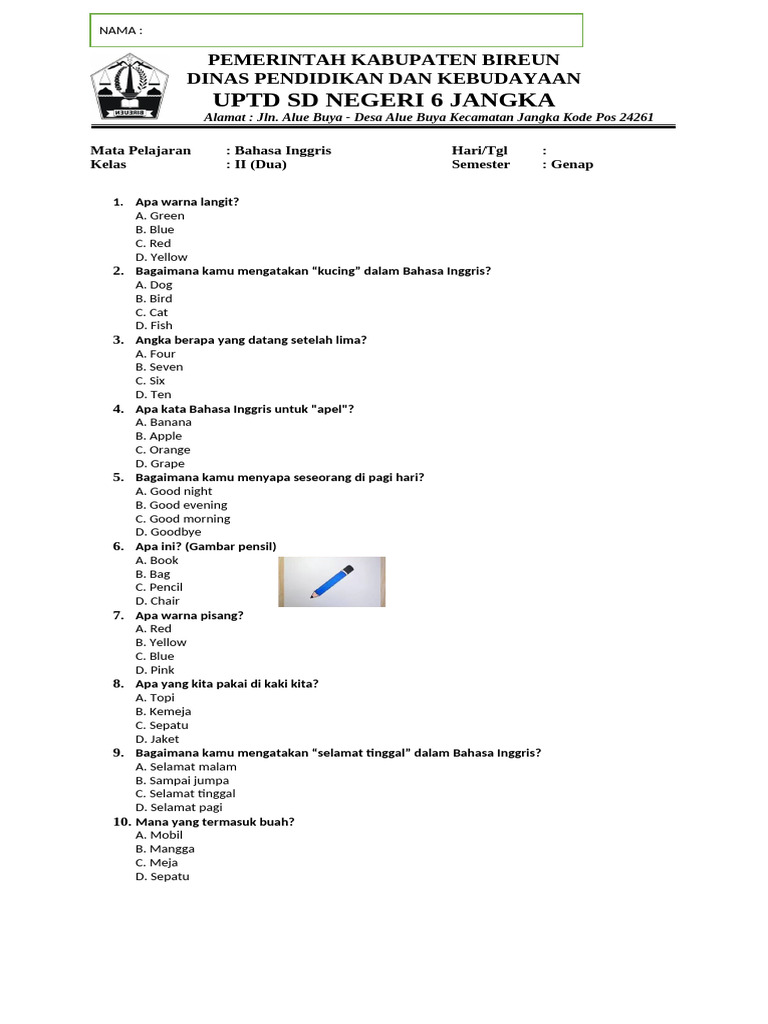 Soal Bahasa Inggris Kls 2 | PDF