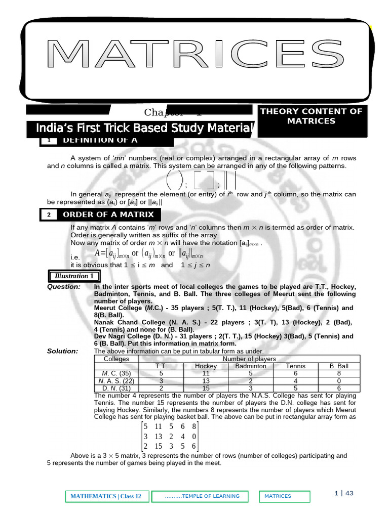 Understanding Matrices in Class 12 Math | PDF | Matrix (Mathematics ...